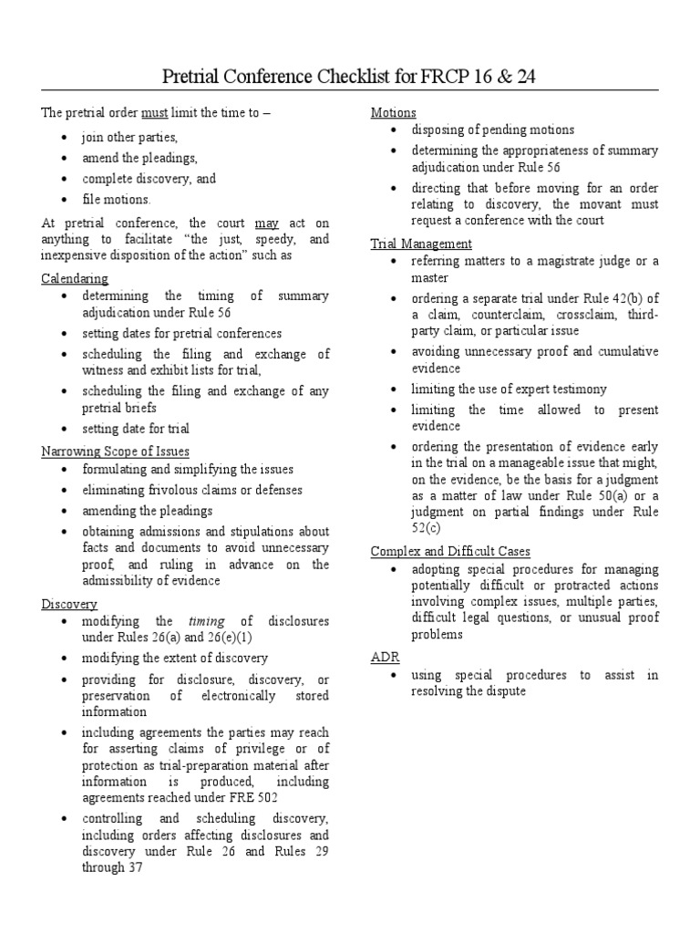 Pretrial Conference Checklist for FRCP 16 | PDF | Discovery (Law ...