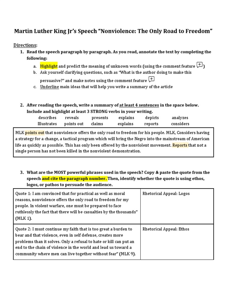 MLK Jr. Speech Analysis | PDF | Martin Luther King Jr. | Nonviolence