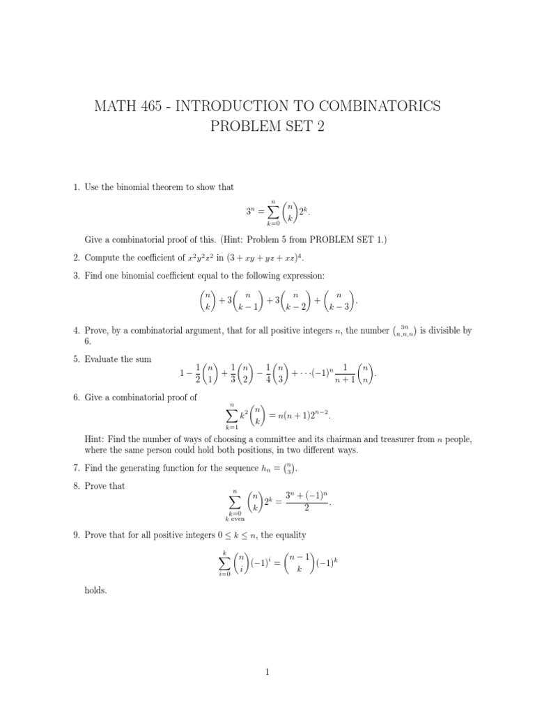 Math 465 Introduction To Combinatorics Problem Set 2 Pdf Combinatorics Number Theory