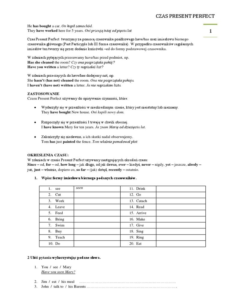 Czas Present Perfect-Ćwiczenia | PDF