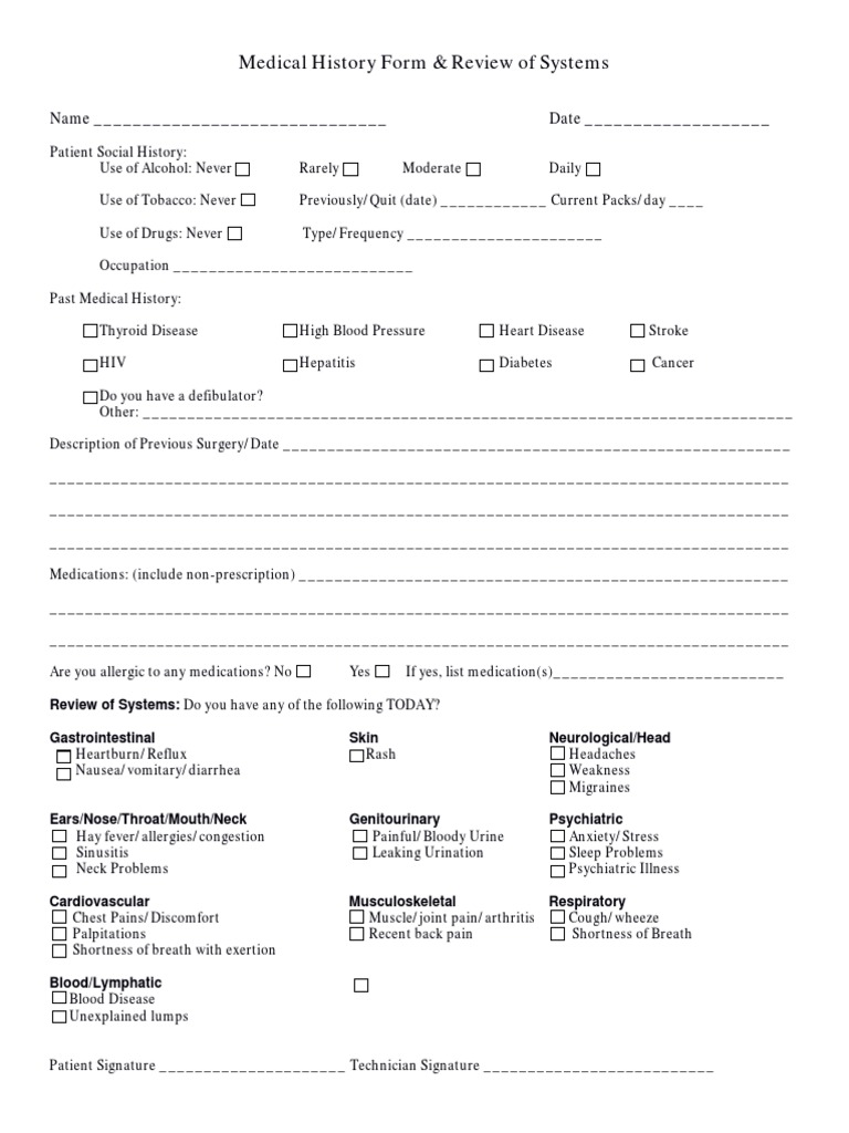 Medical History Form & Review of Systems: Name - Date | PDF | Headache ...