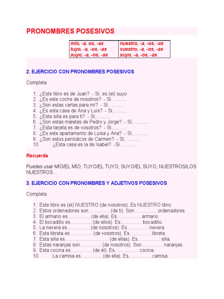 Pronombres Posesivos | PDF