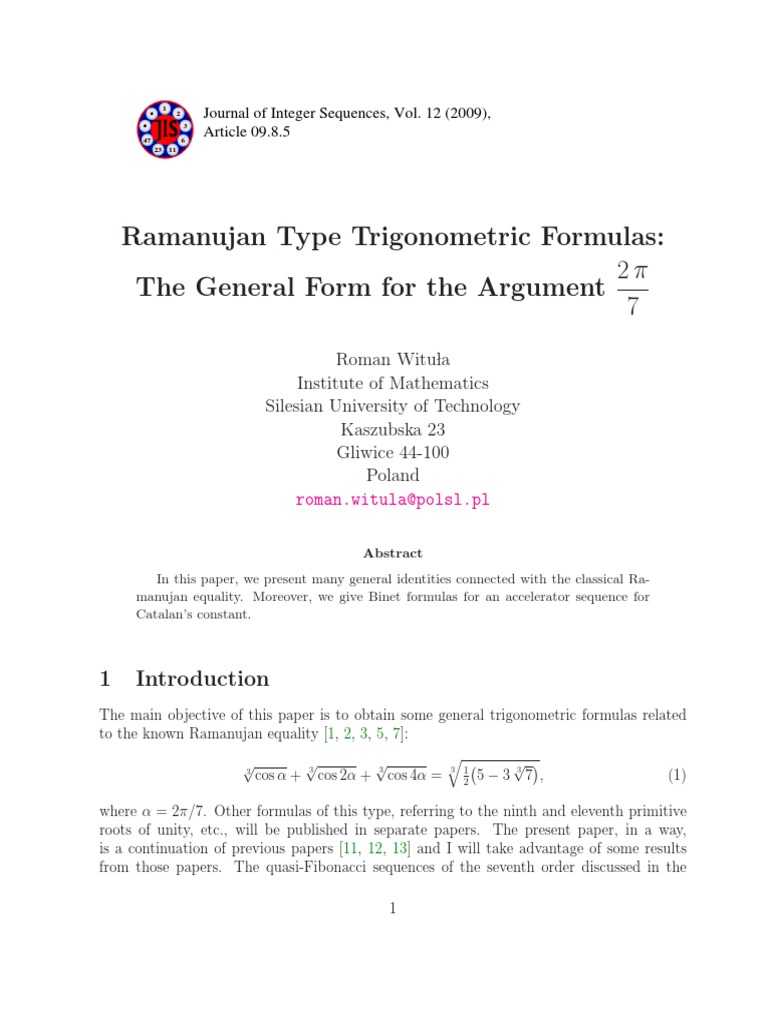 Ramanujan Type Trigonometric Formulas: The General Form for the ...