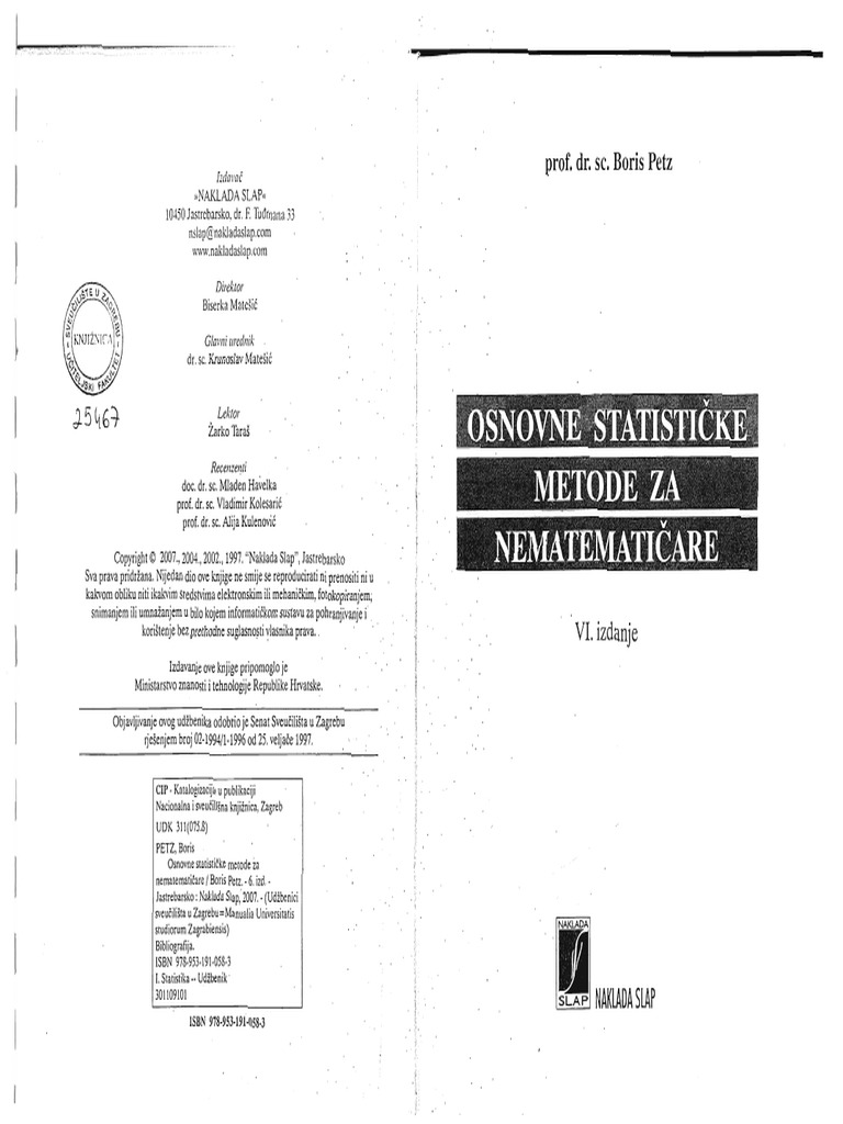 Osnovne Statisticke Metode Za Nematematicare - Petz | PDF