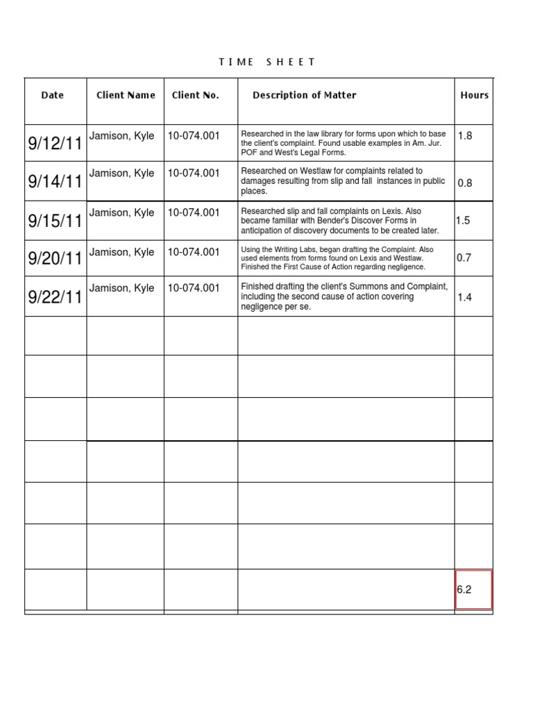 Timesheet Log For Paralegals and Lawyers Sample (Interactive) | PDF