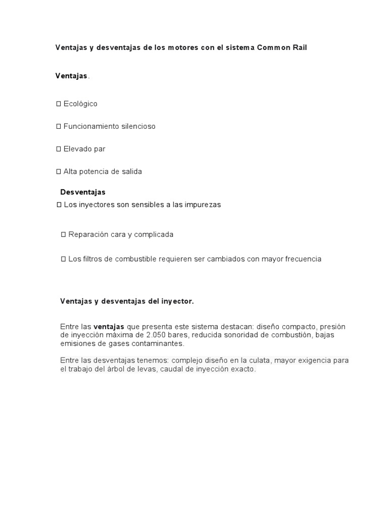 Ventajas y Desventajas de Los Motores Con El Sistema Common Rail | PDF