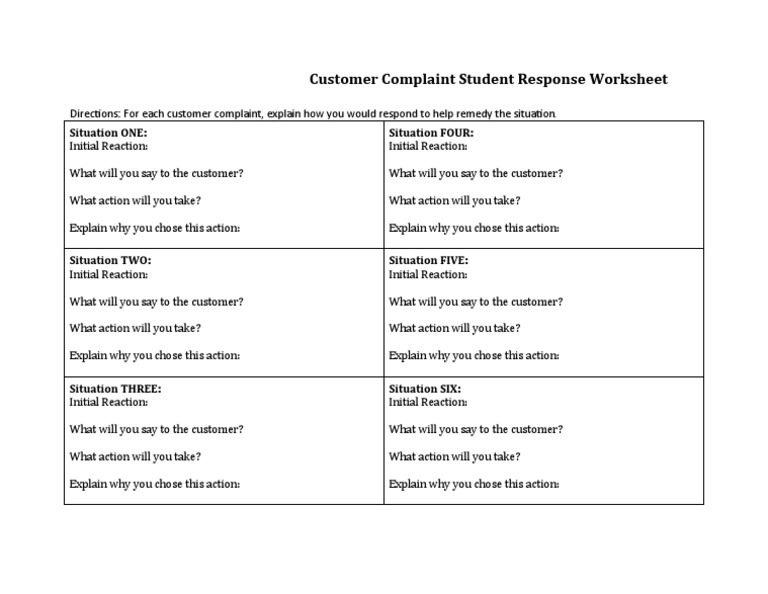 Customer Complaint Student Response Worksheet: Situation ONE: Situation ...