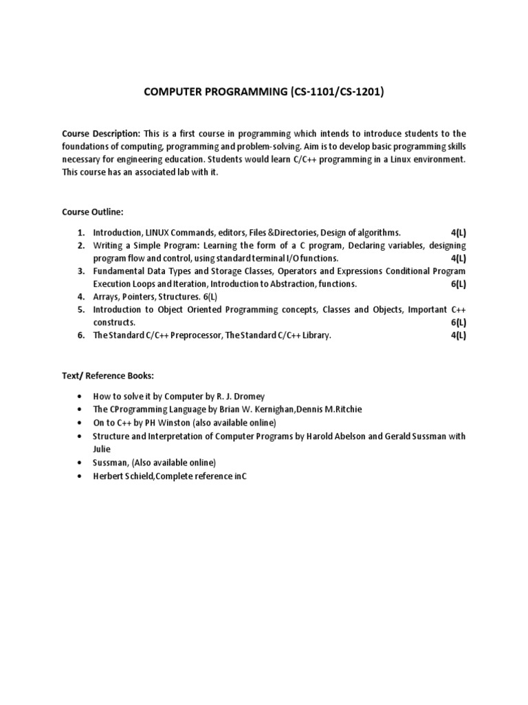 Syllabus - COMPUTER PROGRAMMING For 1st Year Btech | PDF | Computers