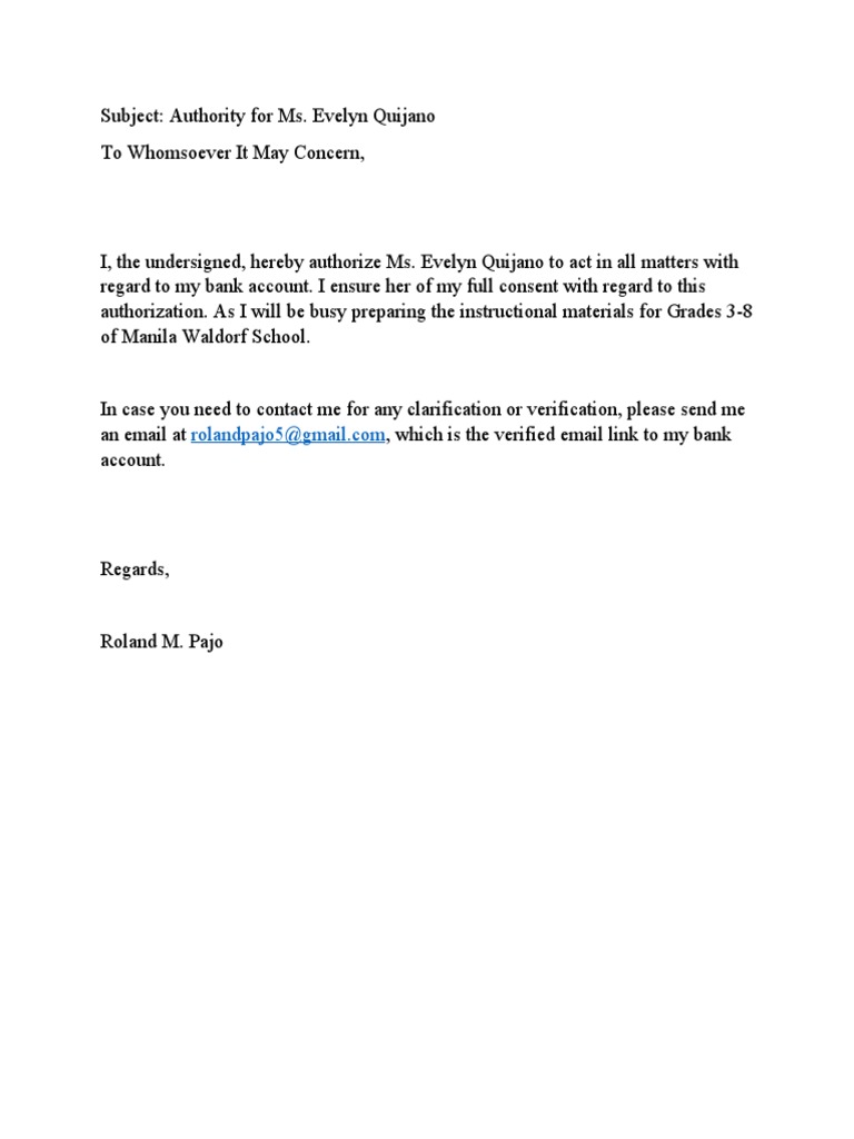 Authorization Letter-Bank Account | PDF