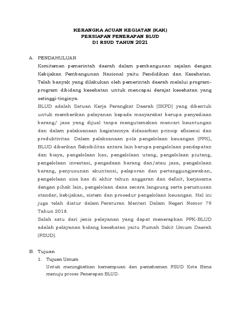 Kak Persiapan Penerapan Blud Di Rsud Kota Bima | PDF