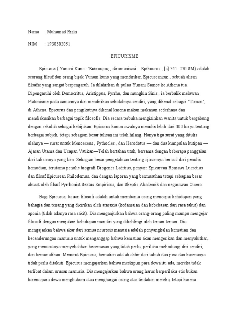 Epicurisme Tokoh Dan Pemikirannya | PDF | Filsafat | Klasik