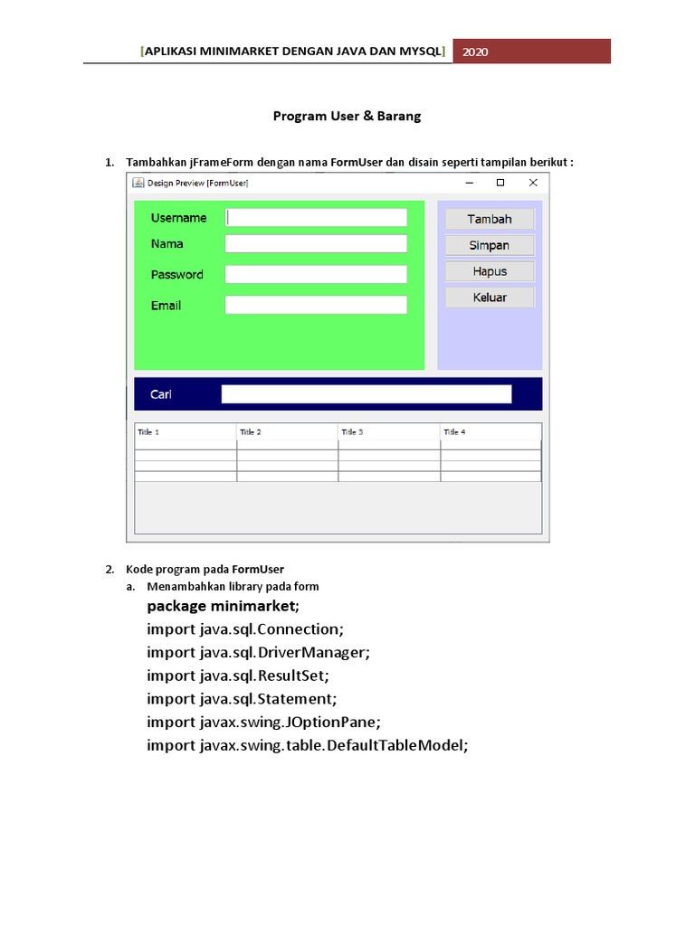 Program User & Barang: Aplikasi Minimarket Dengan Java Dan Mysql | PDF