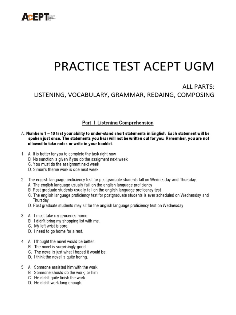 Practice Test Acept Ugm: All Parts: Listening, Vocabulary, Grammar ...