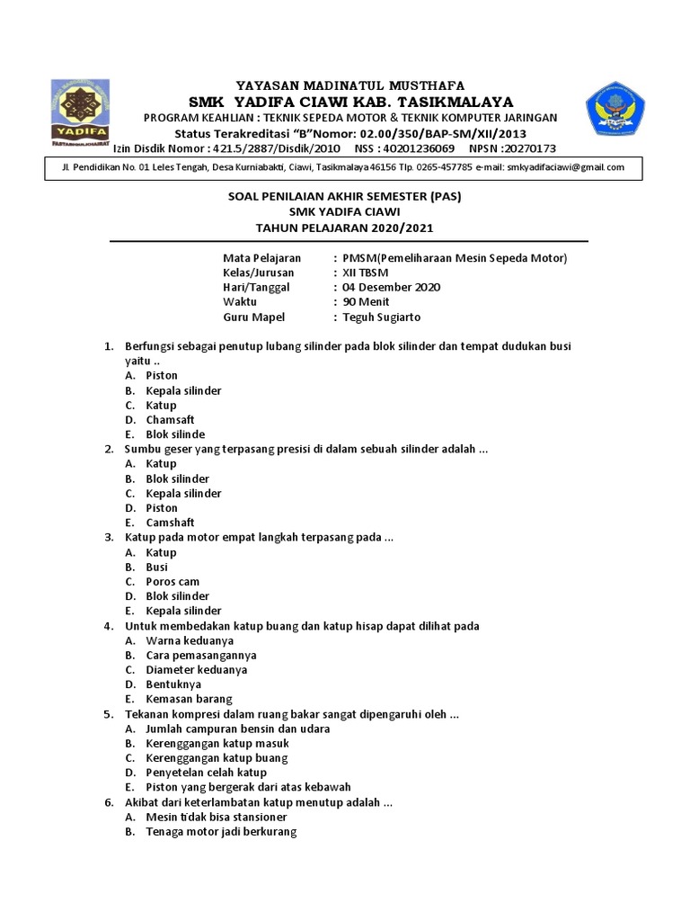 Format Soal PAS 12 TBSM | PDF
