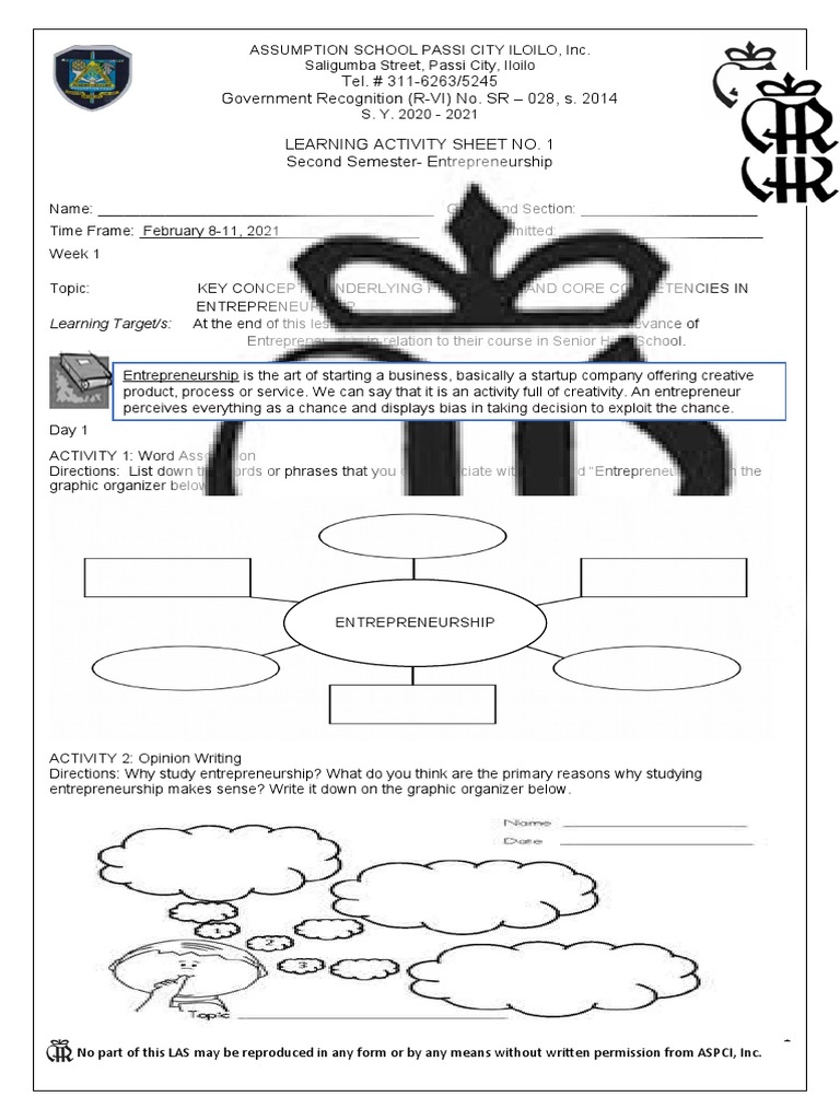 Learning Activity Sheet 1 Entrepreneurship PDF Entrepreneurship
