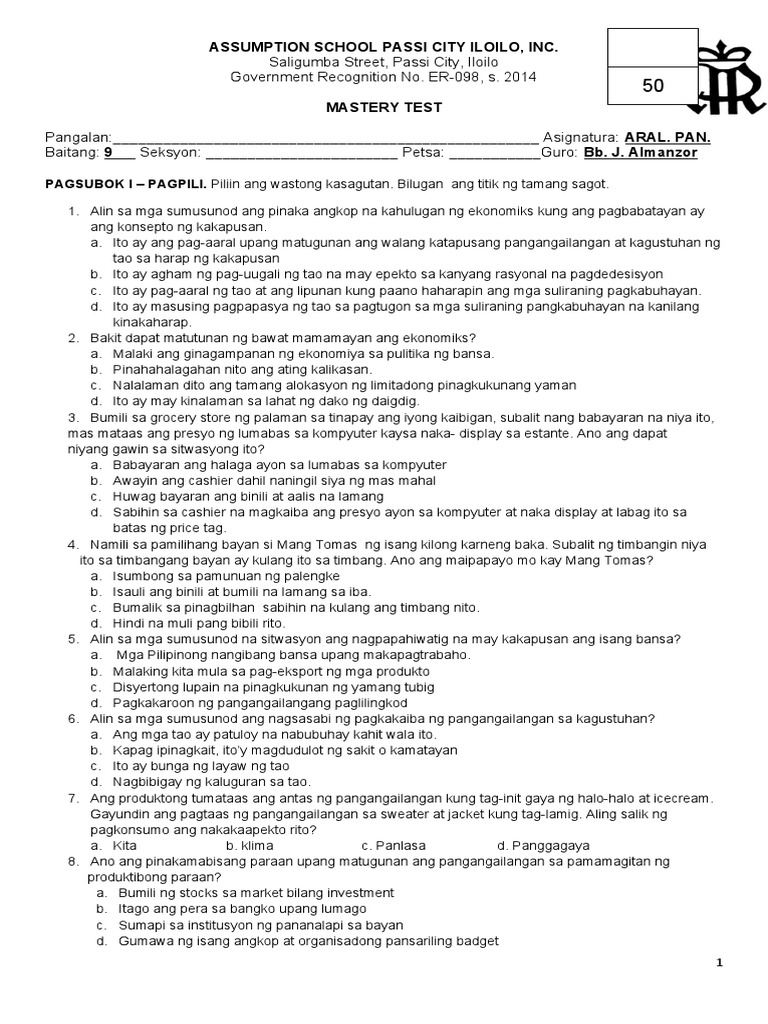 Mastery Test AP 9 | PDF