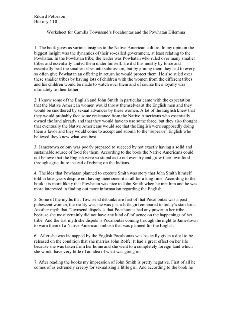 Worksheet For Camilla Townsend's Pocahontas and The Powhatan Dilemma ...