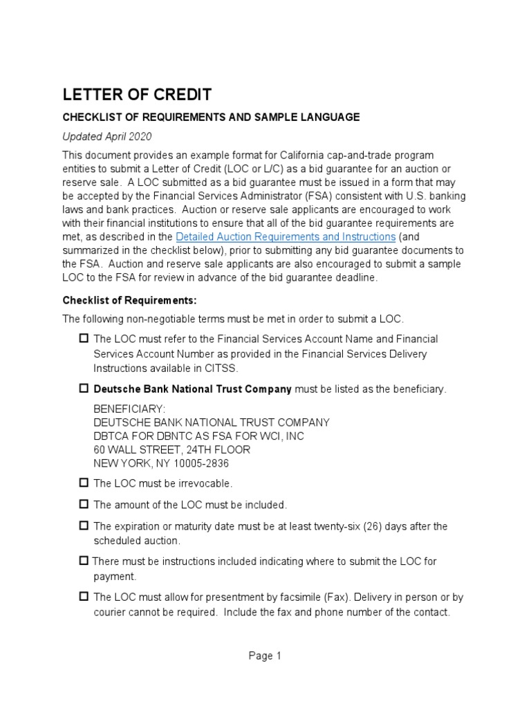 Letter of Credit: Checklist of Requirements and Sample Language | PDF ...