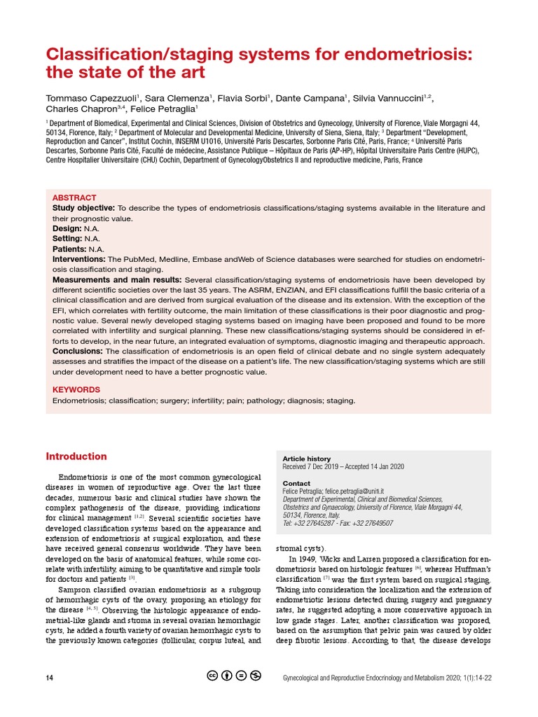 Classification/staging Systems For Endometriosis: The State of The Art ...