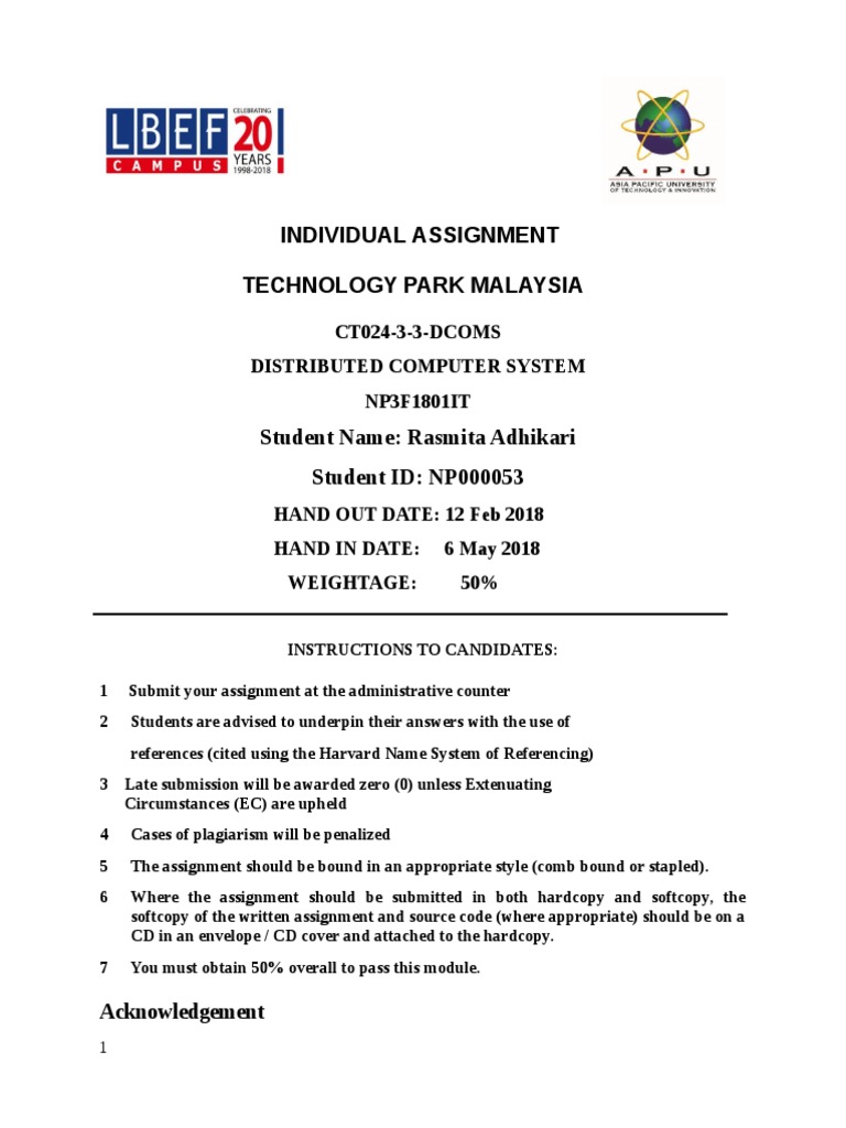 Individual Assignment Technology Park Malaysia: CT024-3-3-DCOMS Distributed Computer System ...