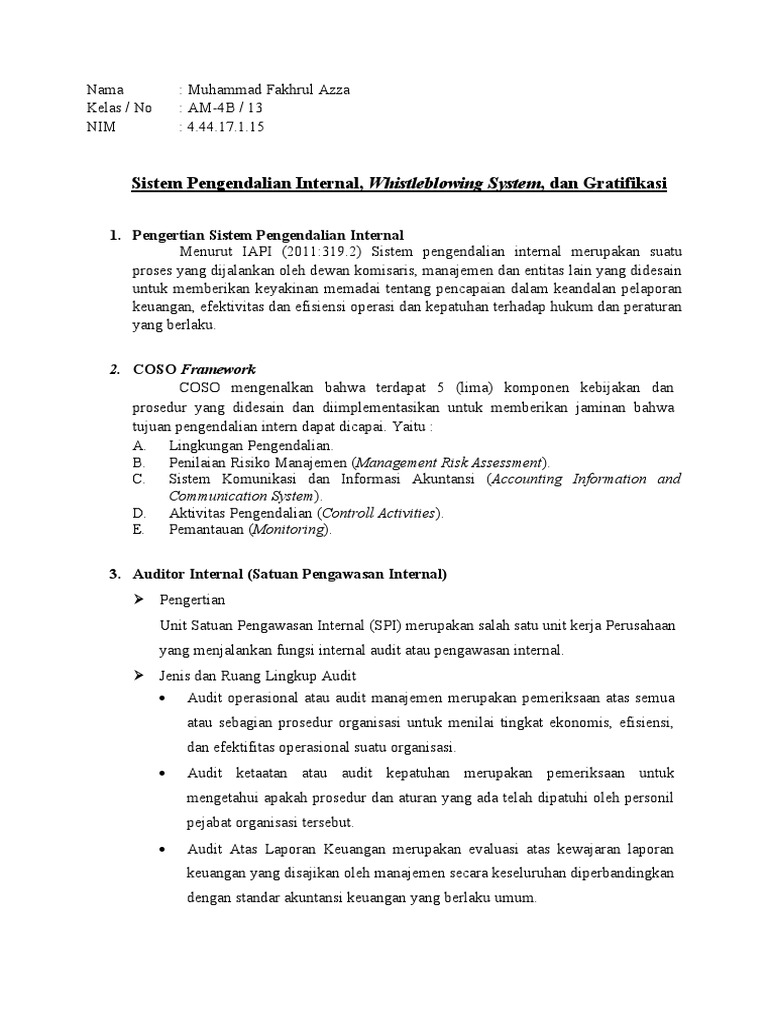 Review Sistem Pengendalian Internal Whistleblowing System Dan