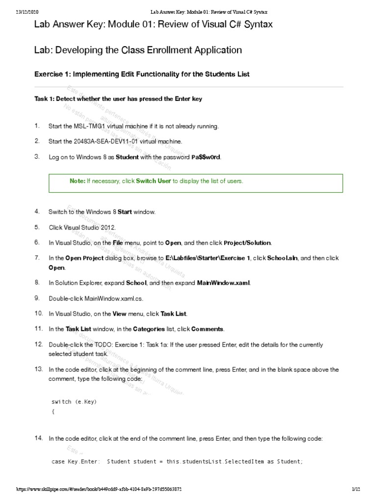 Lab Answer Key Module 1 - Review of Visual C# Syntax | PDF | Microsoft Visual Studio | Computer ...