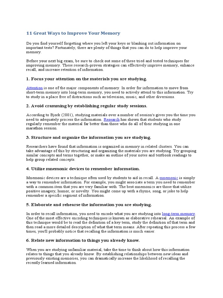 11 Great Ways To Improve Your Memory | PDF | Recall (Memory) | Memory