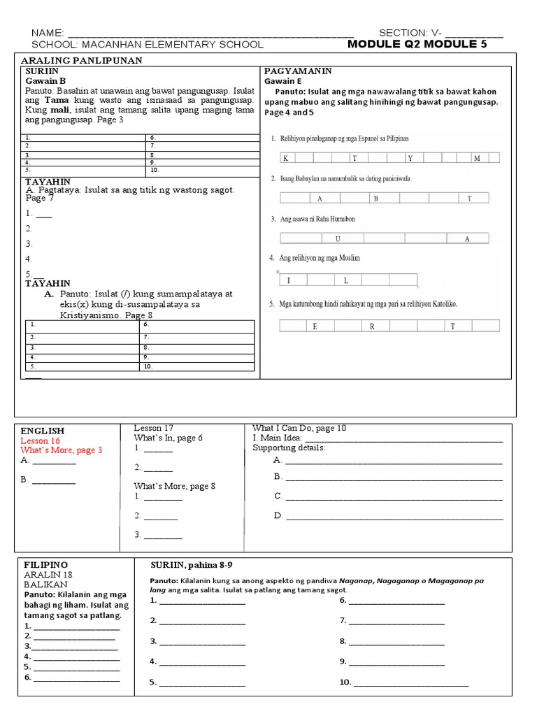 Answer Sheet q2 Module 5 | PDF