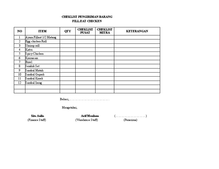 Checklist Pengiriman Barang Filleat | PDF | Cooking, Food & Wine