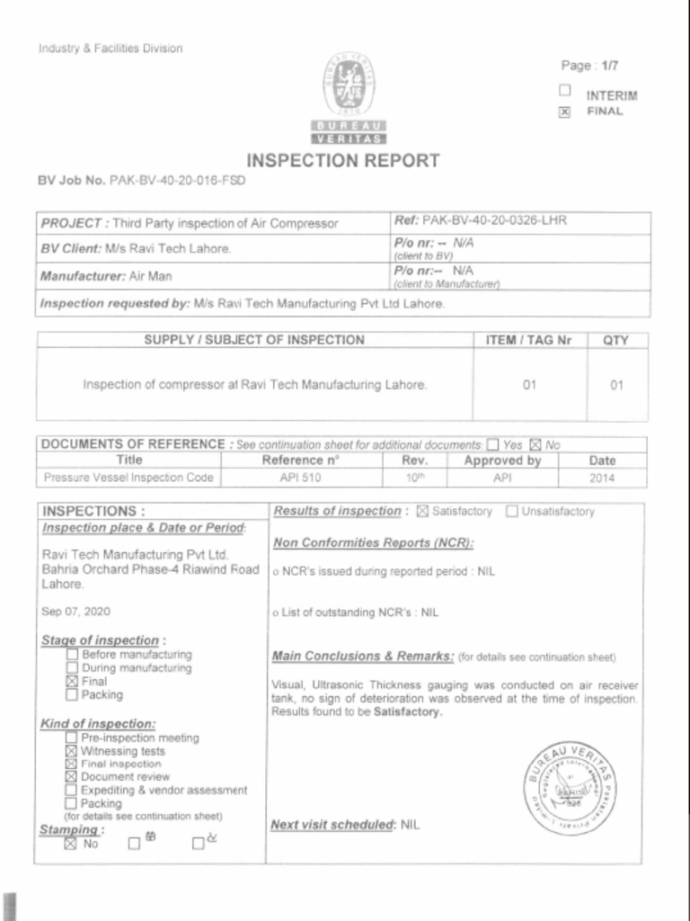 AIr Compressor-Inspection Report | PDF