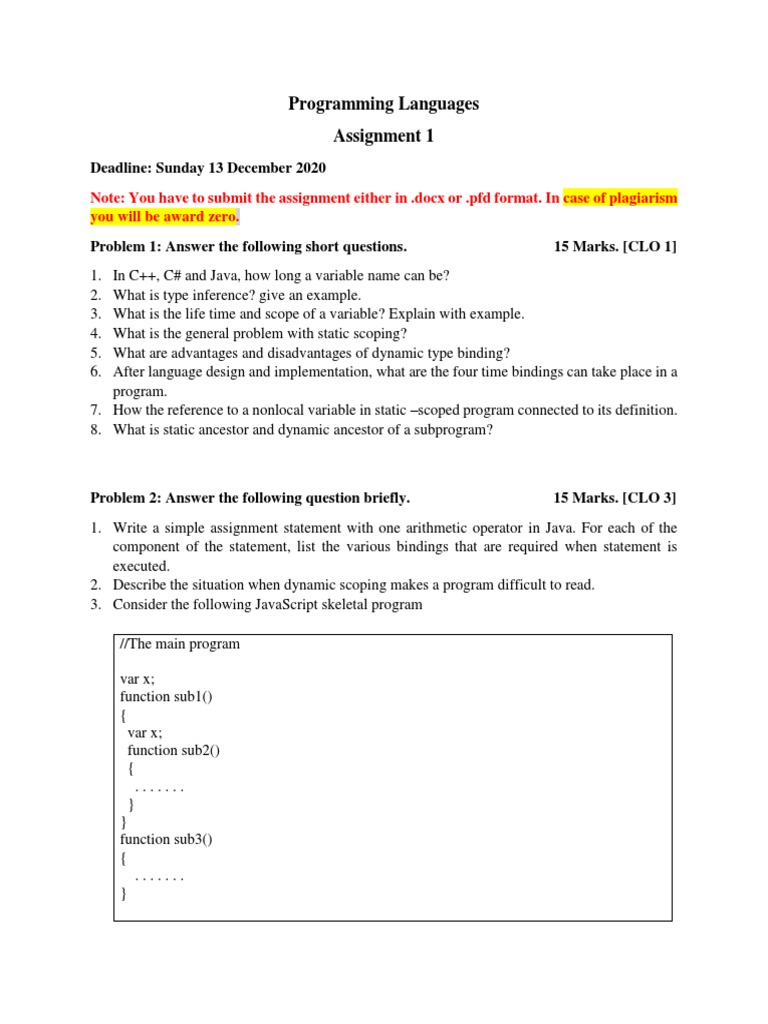 Programming Languages Assignment 1: Deadline: Sunday 13 December 2020 | PDF | Scope (Computer ...