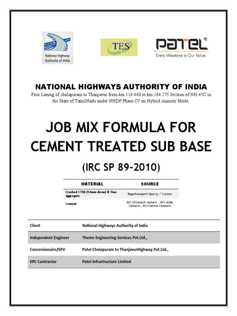 Job Mix Formula For Cement Treated Sub Base: (IRC SP 89-2010) | PDF