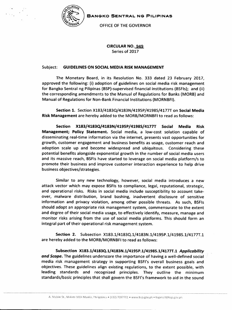 BSP Circular 949 | PDF | Regulatory Compliance | Social Media