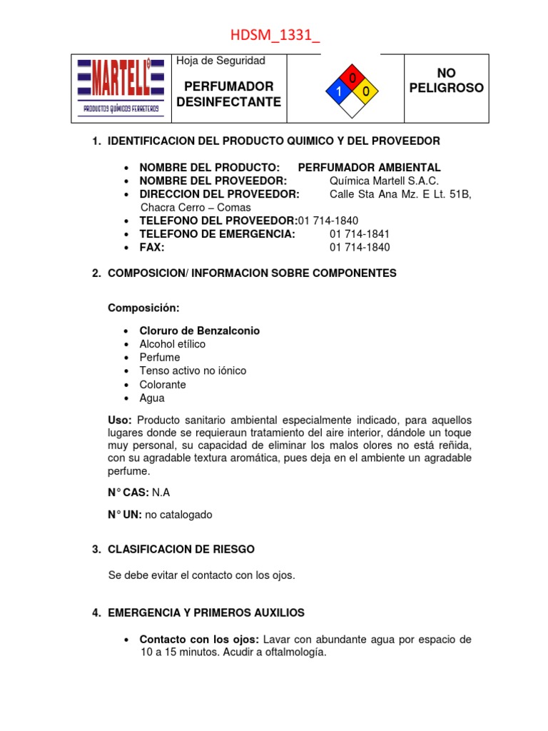MSDS Perfumador Ambiental Martell | PDF | Etanol | Agua