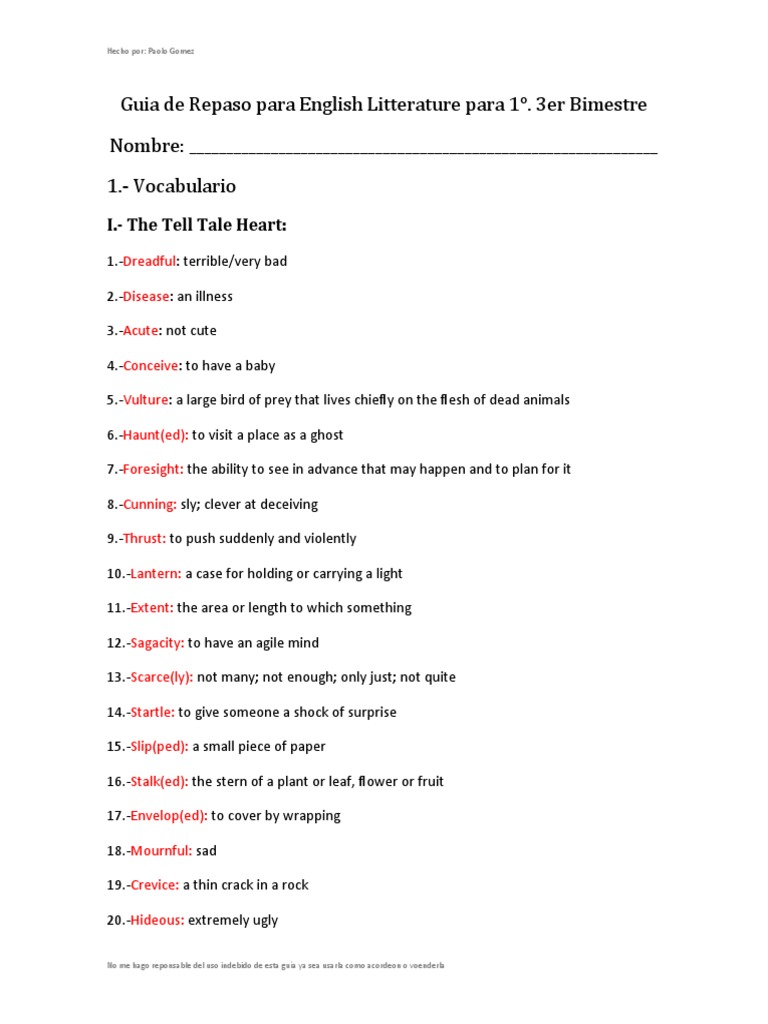 Guía de Repaso para English Litterature para 1°. Tercer Bimestre | PDF