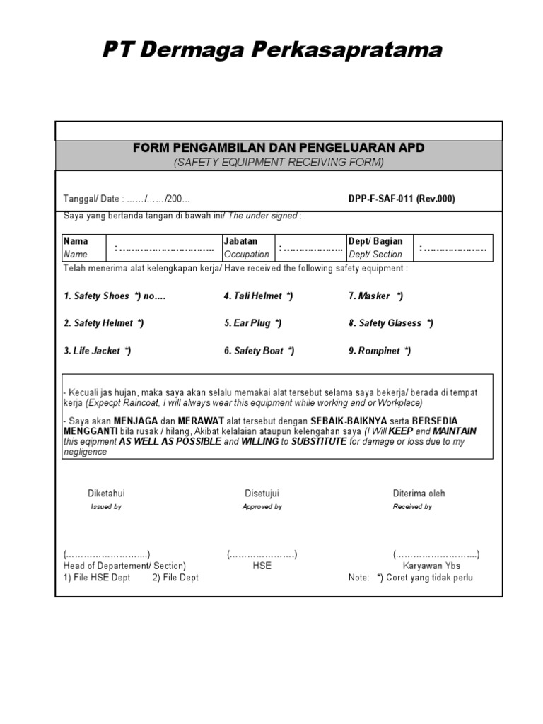 Formulir Pengambilan APD Karyawan | PDF