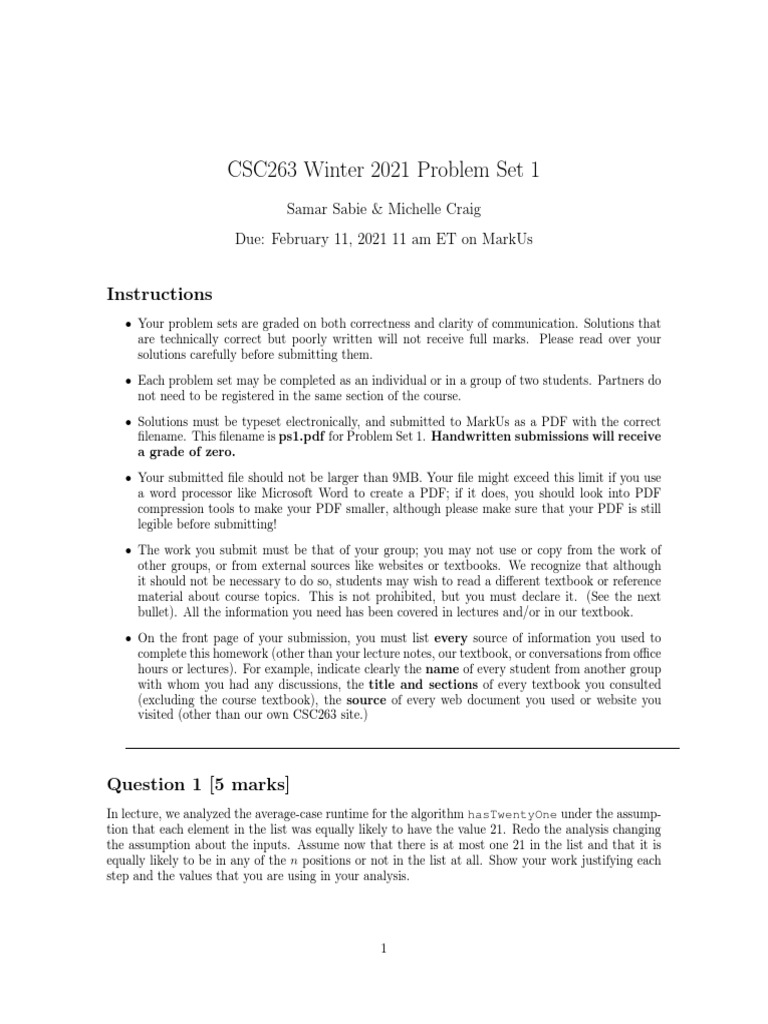 CSC263 Winter 2021 Problem Set 1: Instructions | PDF | Array Data Structure | Pointer (Computer ...