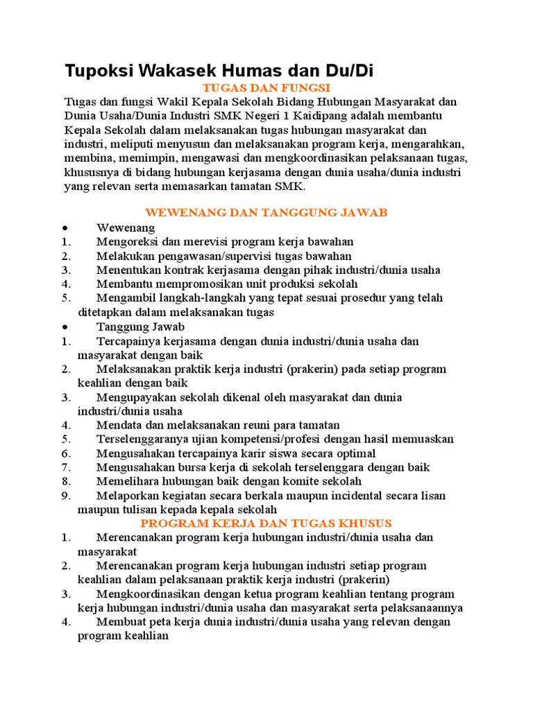 Tupoksi Wakasek Humas Dan Du | PDF