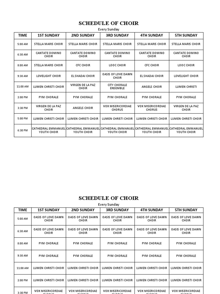 Schedule of Choir: Time 1St Sunday 2Nd Sunday 3Rd Sunday 4Th Sunday 5Th ...