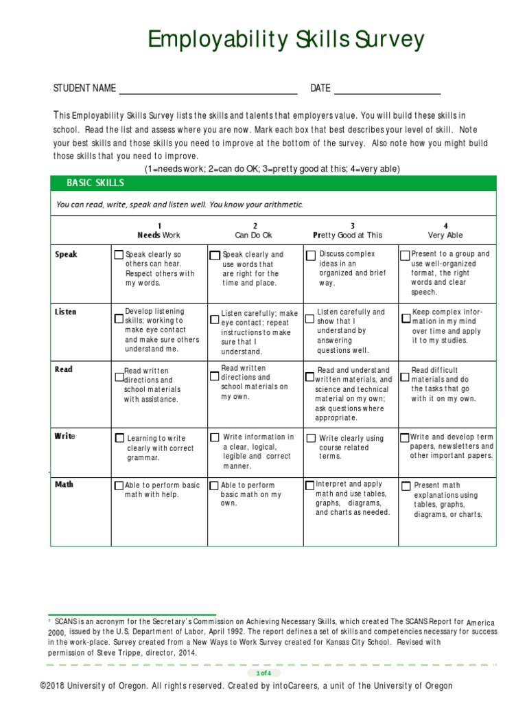 Employability Skills Survey: Student Name Date | PDF | Competence ...