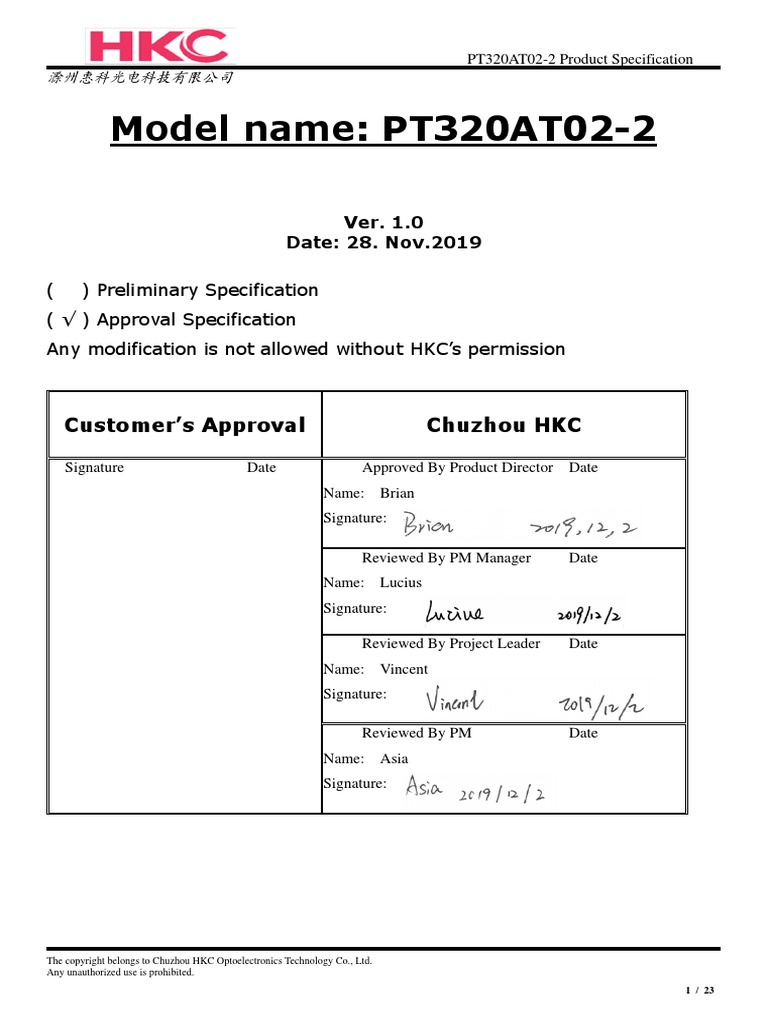 PT320AT02-2 Product Spec - Ver 1 0 - 20191128 - HKC | Download Free PDF ...