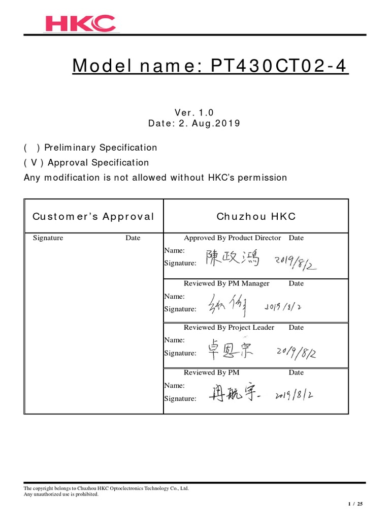 PT430CT02-4 - Ver1.0 Product Spec - 20190802 - HKC | PDF | Liquid ...