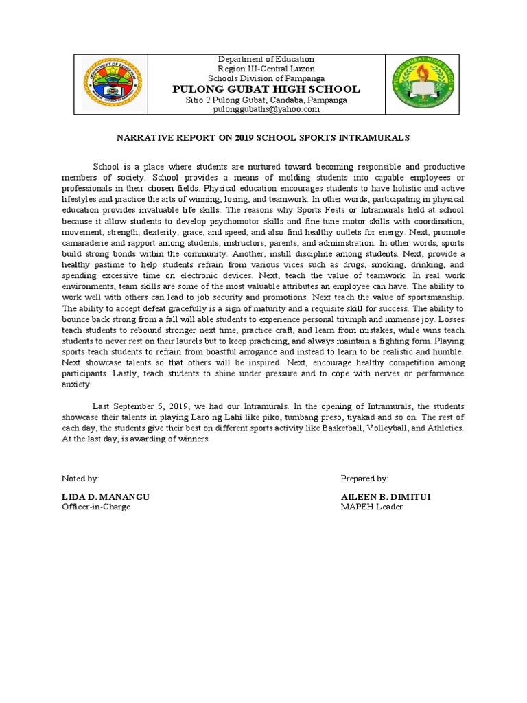 Pulong Gubat High School: Narrative Report On 2019 School Sports ...