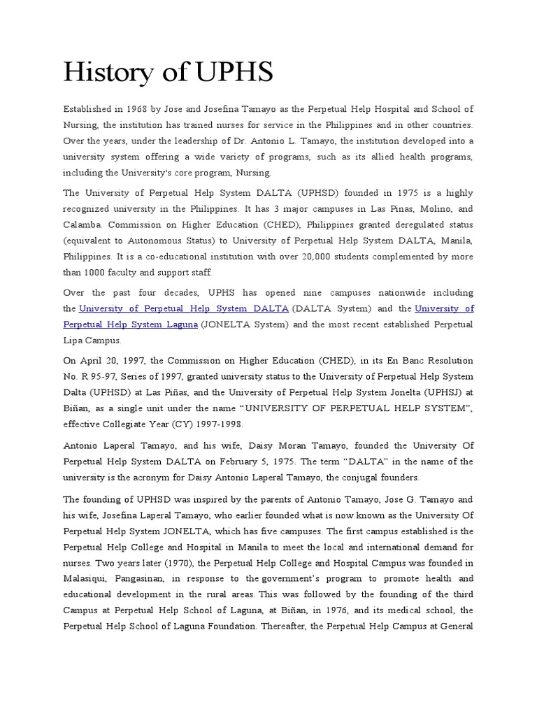 History of UPHS: University of Perpetual Help System DALTA University ...