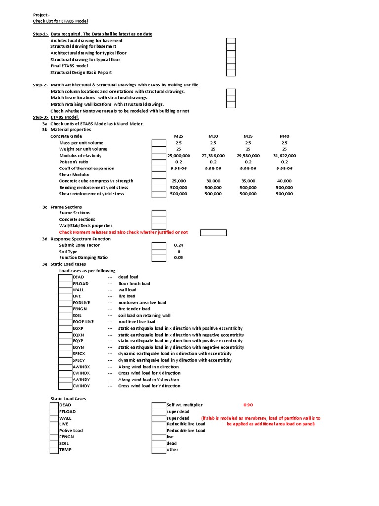 Check List For ETABS Model | PDF | Young's Modulus | Beam (Structure)