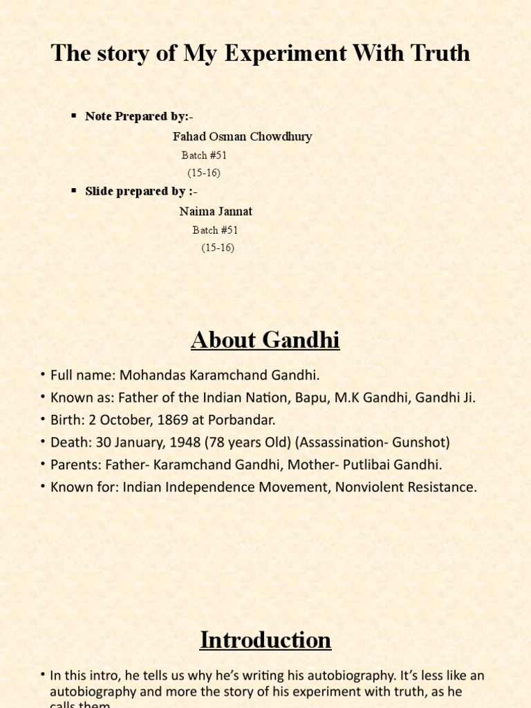 The Story of My Experiment With Truth: Note Prepared By | PDF | Mahatma ...
