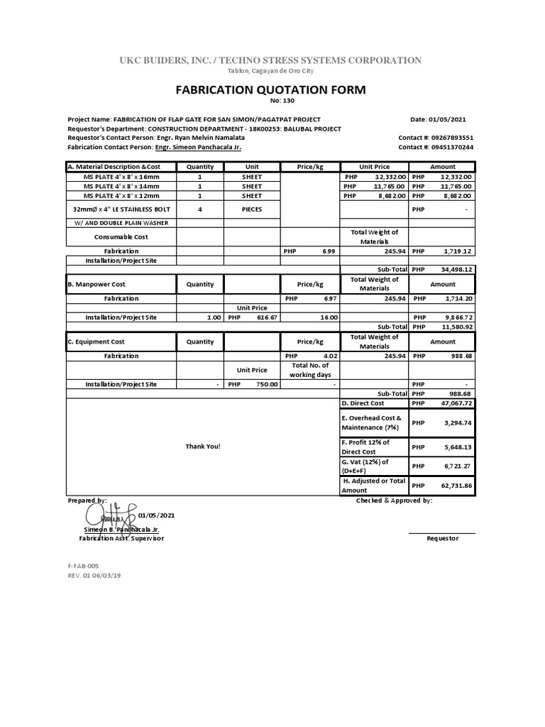Fabrication Quotation Form #130 | PDF | Business Economics | Business