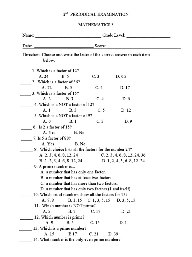 2nd Periodical Examination Math 3 | PDF | Prime Number | Numbers