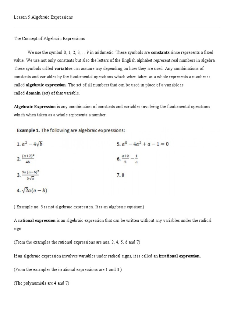 Lesson 5 Algebraic Expressions | PDF | Polynomial | Variable (Mathematics)