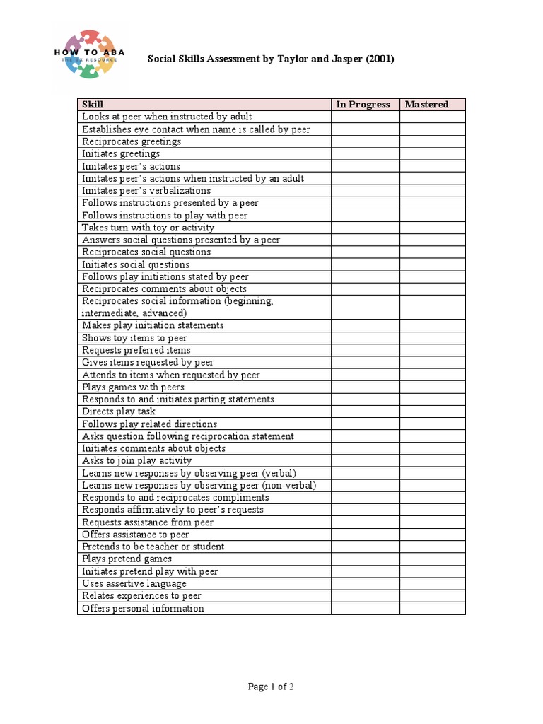 Social Skills Assessment by Taylor and Jasper (2001) : Page 1 of 2 ...